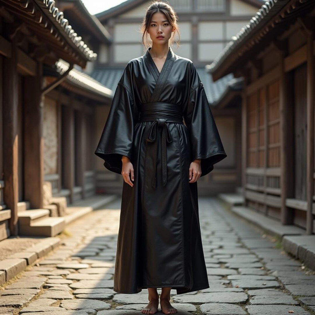 Women Black Leather Kimono Dress | Samurai-inspired Robe Cosplay ...