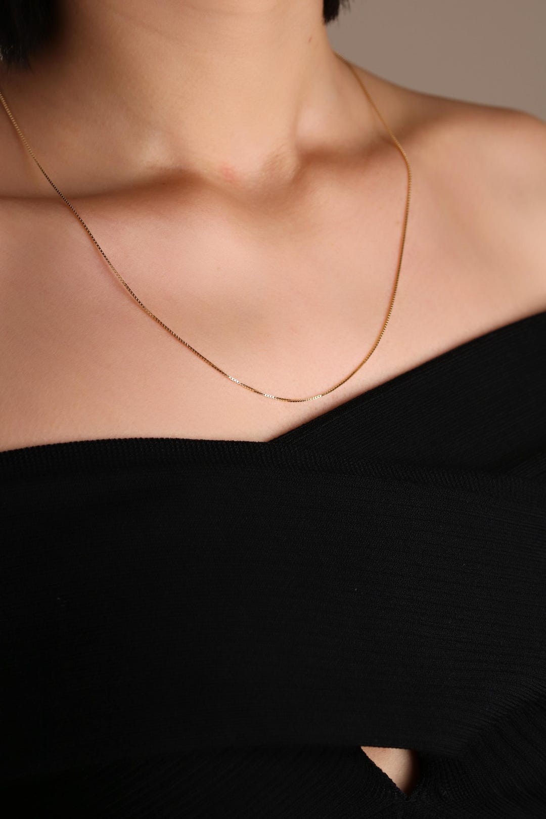 14k Solid Gold Demure Sparkle Box Chain Thin Layering Necklace, Dainty ...