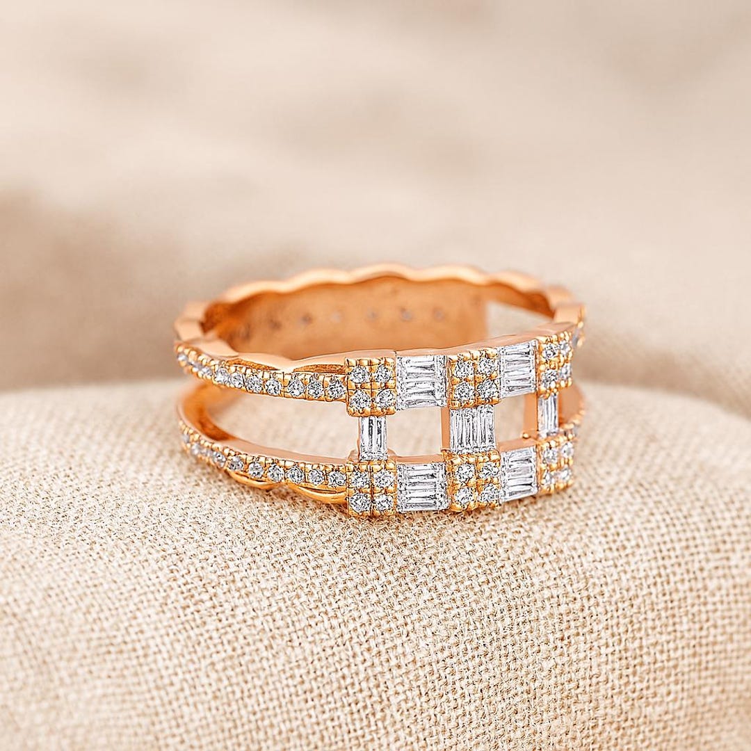 Double Band Diamond Ring – 14K Solid Gold, Unique Interlocking Fine ...