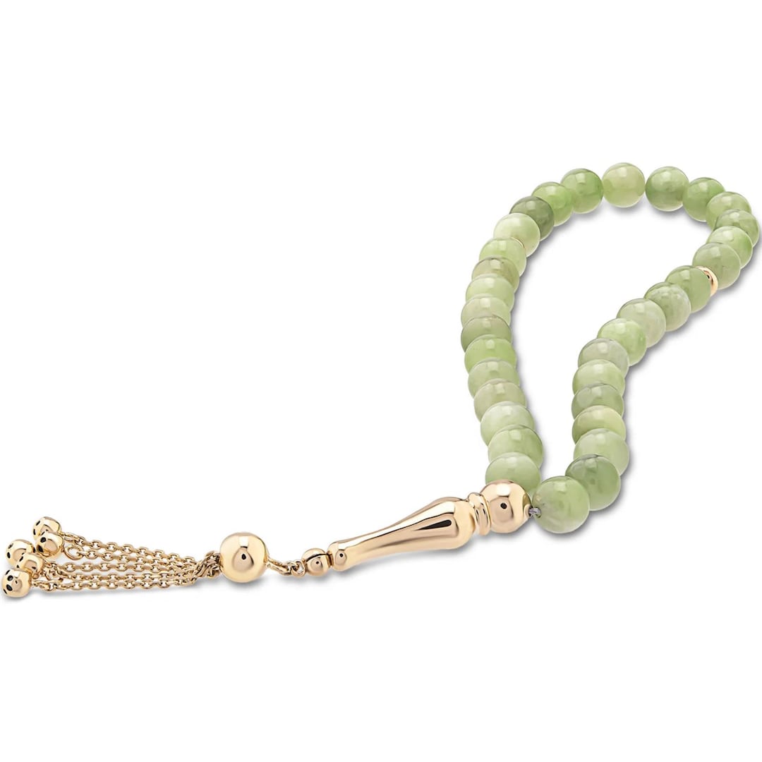 Jade Tesbih With 14K Gold Beads, Handmade Islamic Prayer Beads, Luxury ...