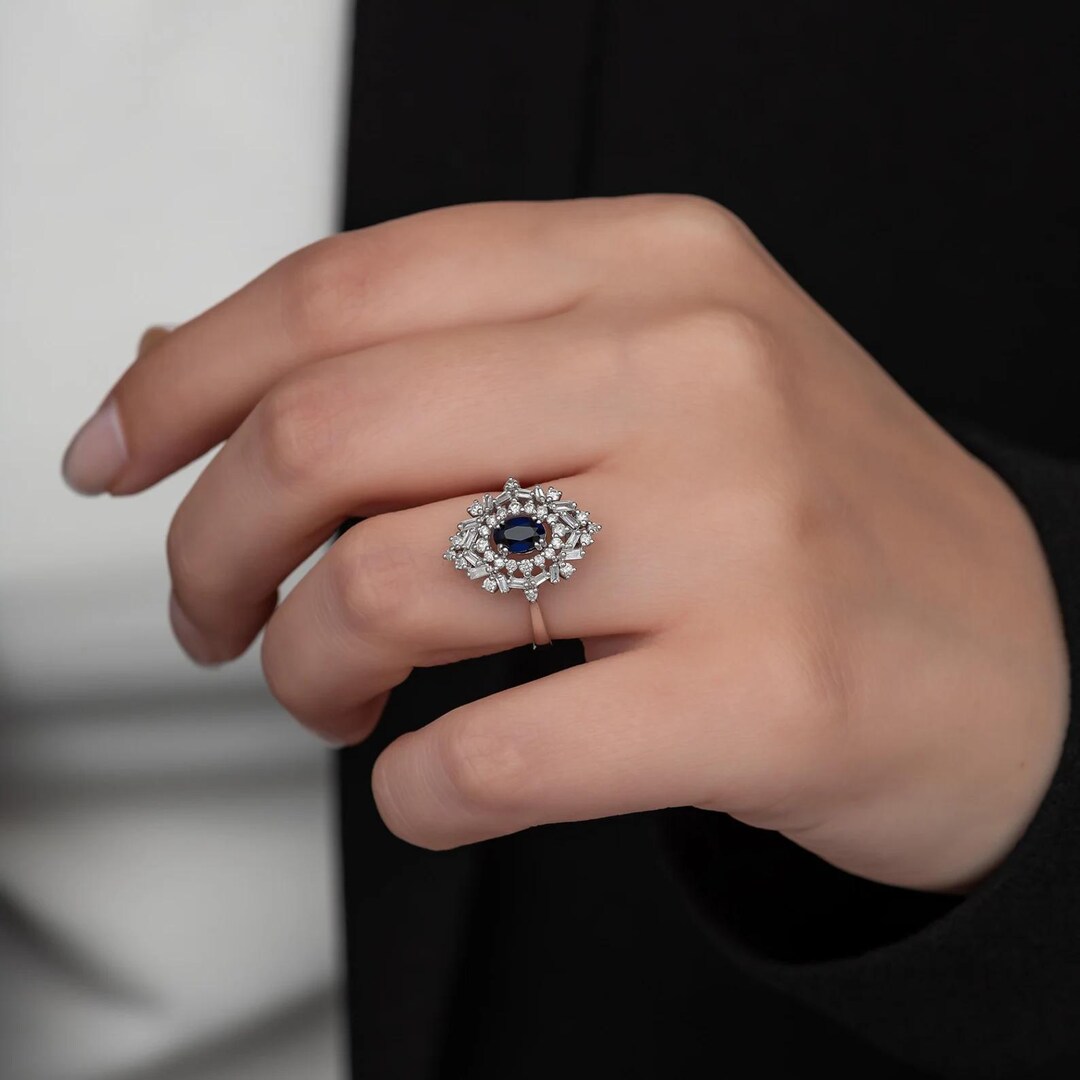 Vintage Sapphire Titanic Ring • Solid Silver Blue Stone Statement Ring ...