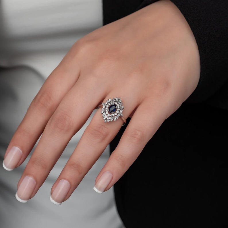Vintage Sapphire Titanic Ring • Solid Silver Blue Stone Statement Ring ...