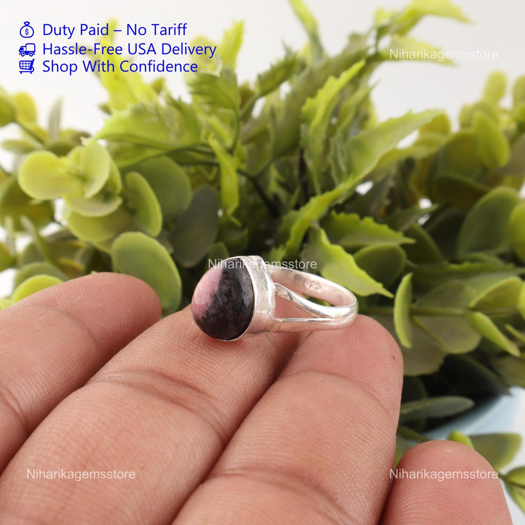 Black Rhodonite Solitaire Art Deco Ring Pear Gemstone 925 Sterling ...