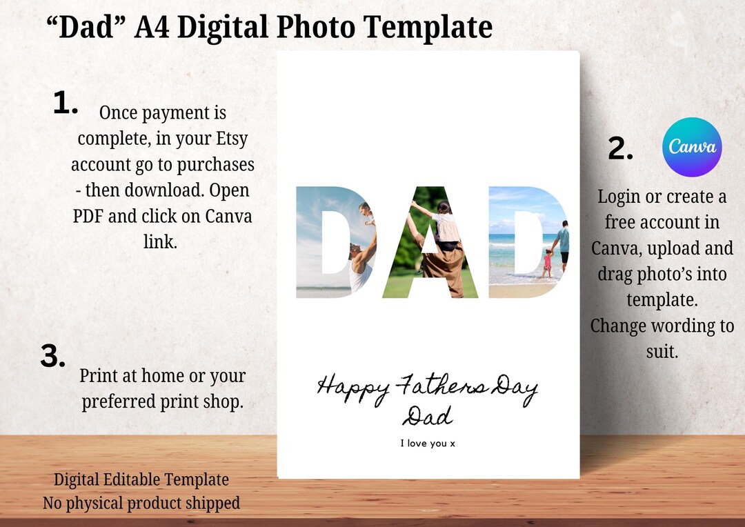 Dad Photo Art Template A4, Fathers Day, Birthday Gift, Personalised ...
