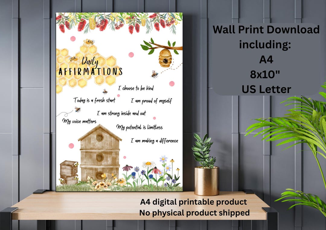 Bee Positive Affirmations Wall Art Printable 3 Set A4, 8x10, US Digital ...