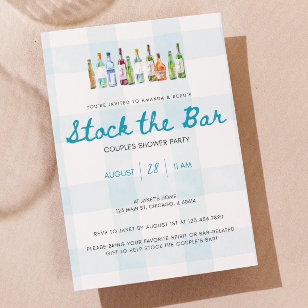 Stock the Bar Shower Invitation: Watercolor Bottles, Blue Gingham ...