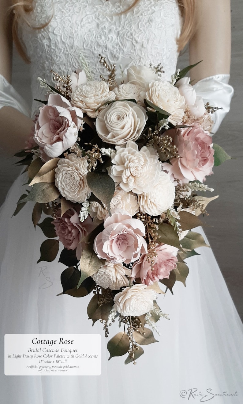 Cottage Rose Cascade Bouquet in Light Dusty Rose, Ivory, and Metallic ...