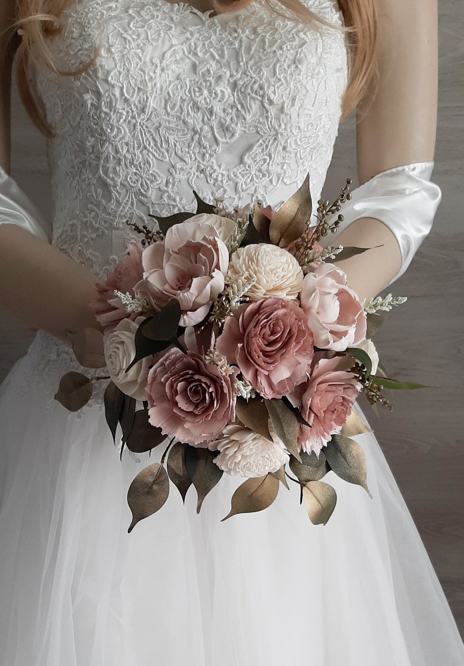 Cottage Rose Cascade Bouquet in Light Dusty Rose, Ivory, and Metallic ...