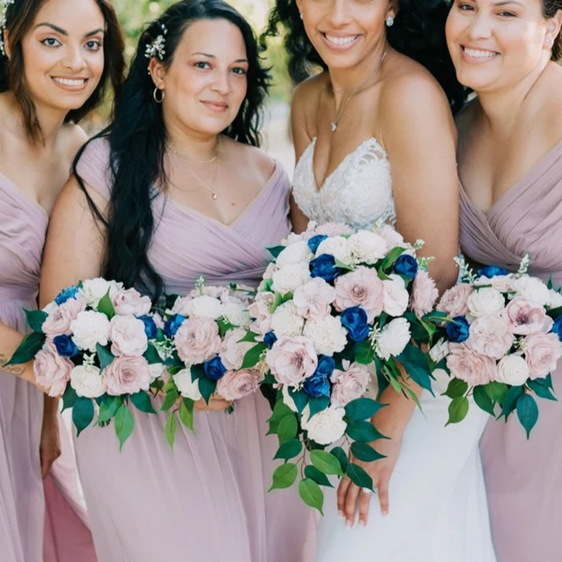 Dusty Rose and Navy Blue Cottage Rose Sola Flower Bridal Cluster ...