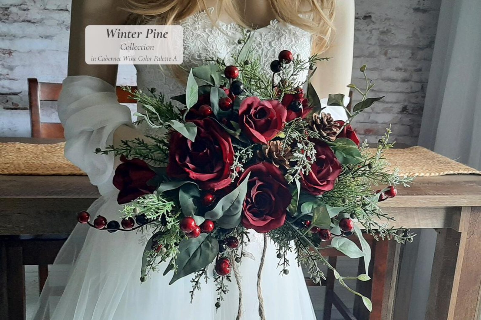 Winter Pine Wedding Flowers in Cabernet Wine | Bridesmaid Bouquet ...