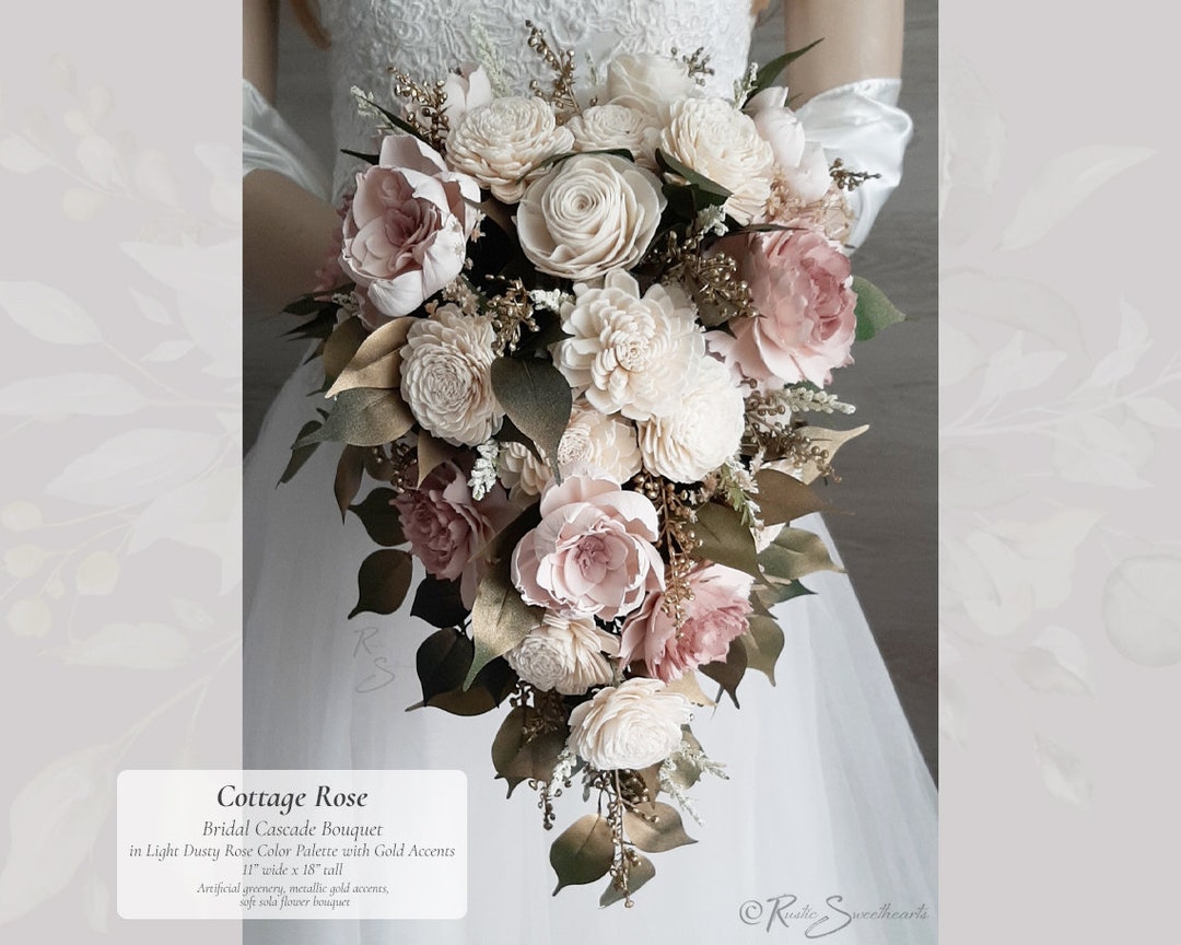 Cottage Rose Cascade Bouquet in Light Dusty Rose, Ivory, and Metallic ...