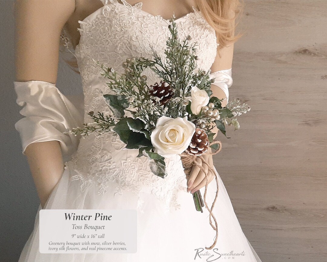 Winter Pine Wedding Flowers in Ivory | Toss Bouquet Farmhouse Christmas ...