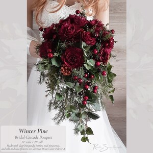 Winter Pine Wedding Flowers in Cabernet Wine | Bridal Bouquet Farmhouse ...