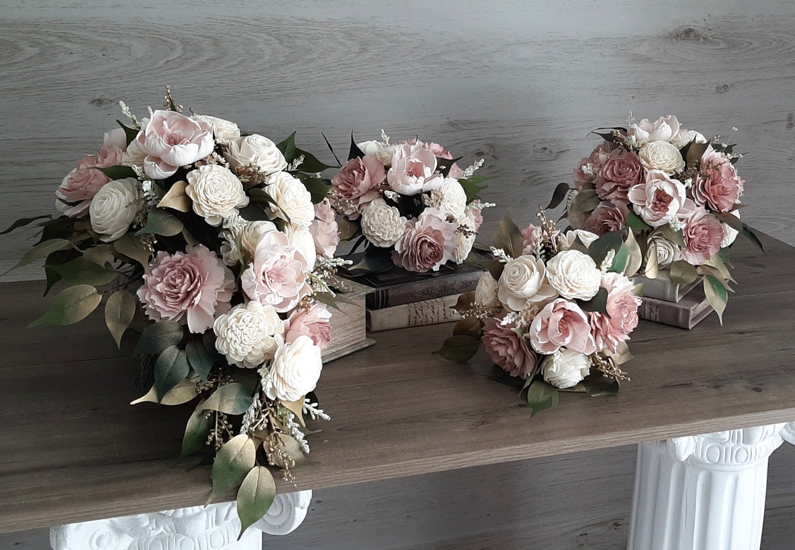 Cottage Rose Cascade Bouquet in Light Dusty Rose, Ivory, and Metallic ...