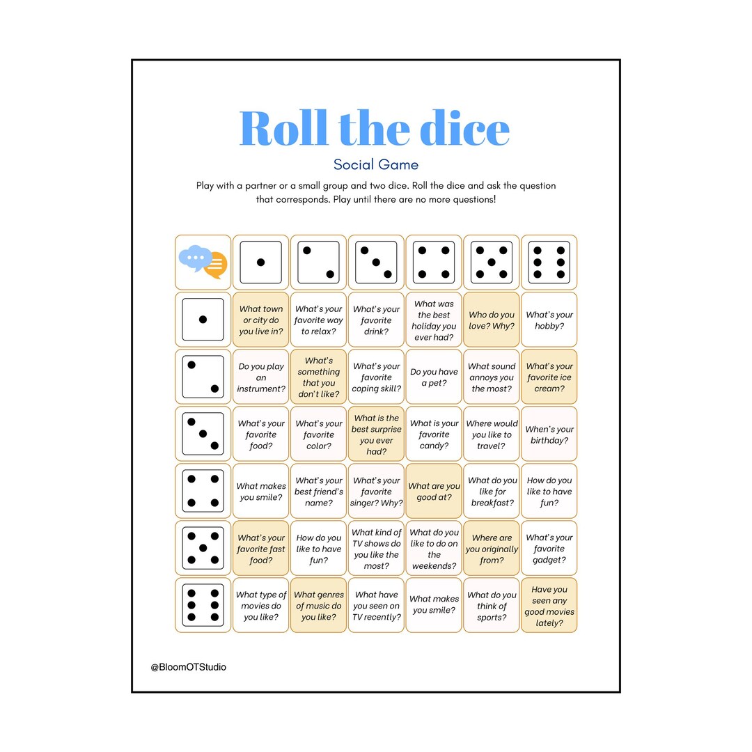 Roll the Dice Social Game | Mental Health OT | SEL Worksheet ...