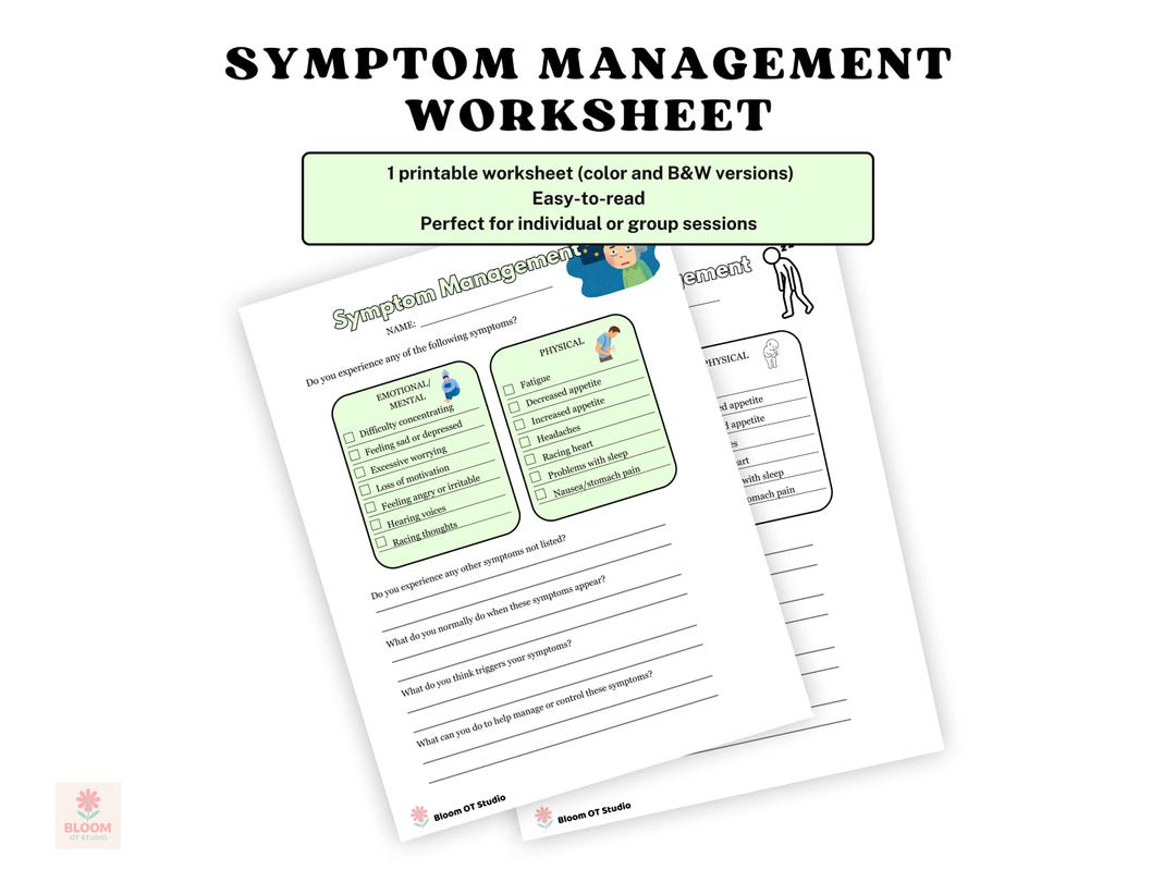 Symptom Management Worksheet for Kids Teens and Adults - Mental Health ...