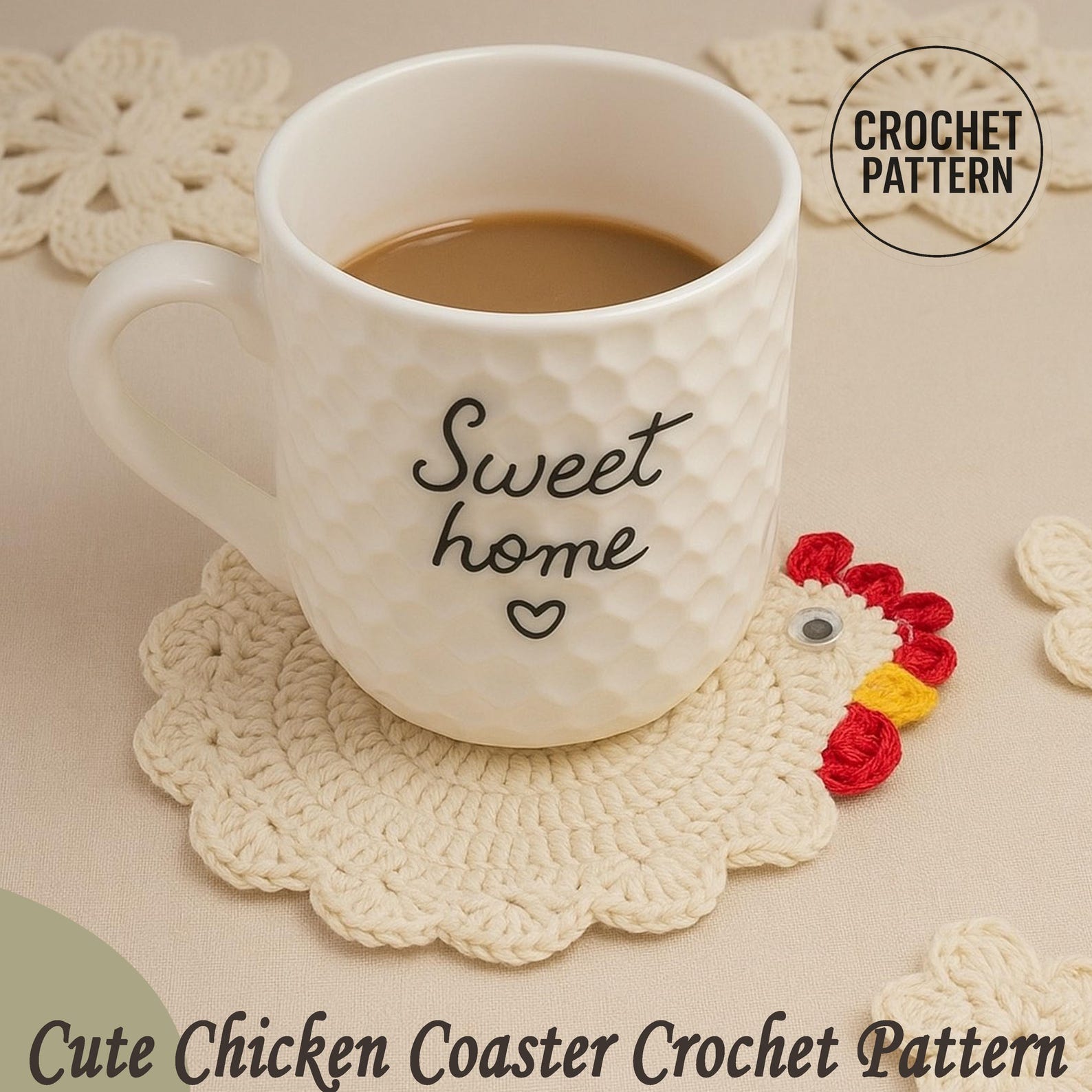 Chicken Coaster Crochet Pattern PDF | Cute Chicken Applique Crochet ...