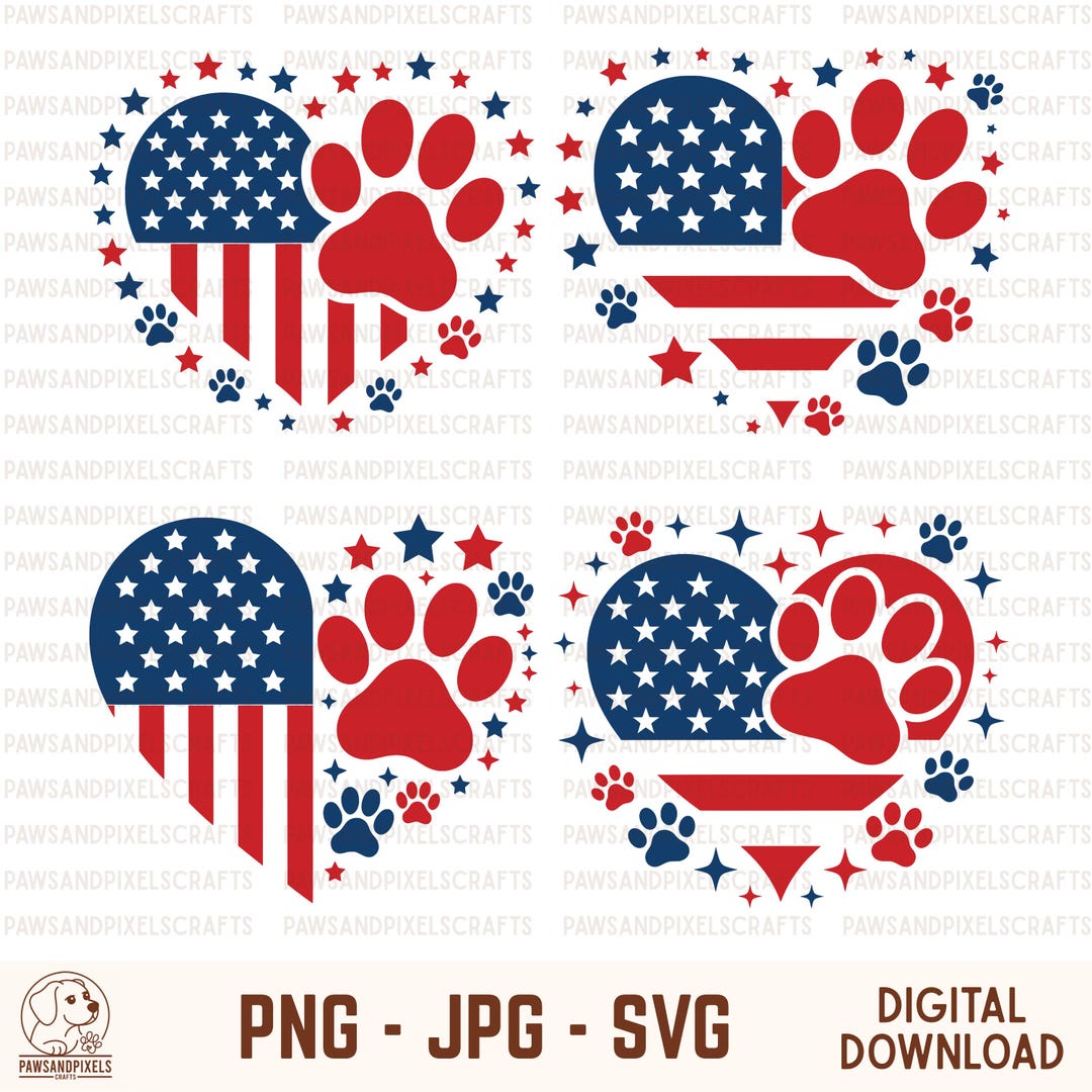 American Flag Heart Dog Paw Print: Patriotic Pet Clipart (PNG, SVG, JPG ...