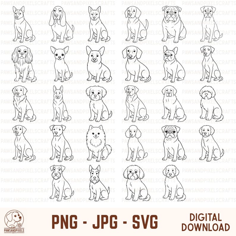 28 Cute Dog Breed Clipart PNG, Hand Drawn Dog Line Art, Puppy ...