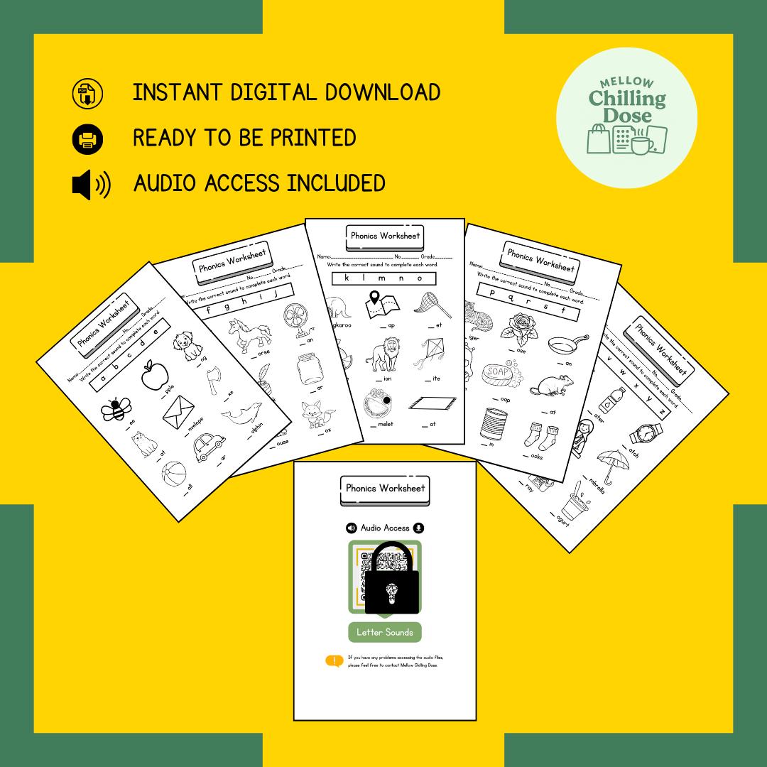 Phonics Worksheets Bundle With QR Code Audio | Letter Sounds A-Z | ESL ...