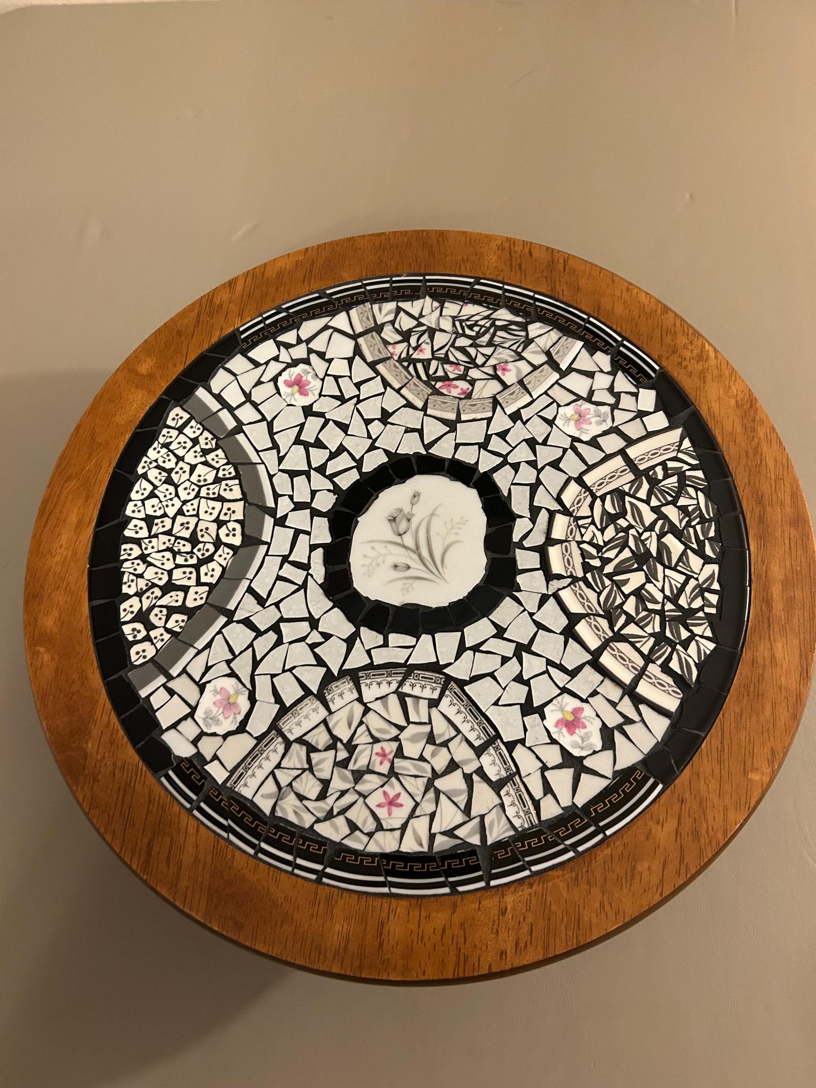 Vintage Mosaic Lazy Susan With Black and White Tiles With Light Pink ...