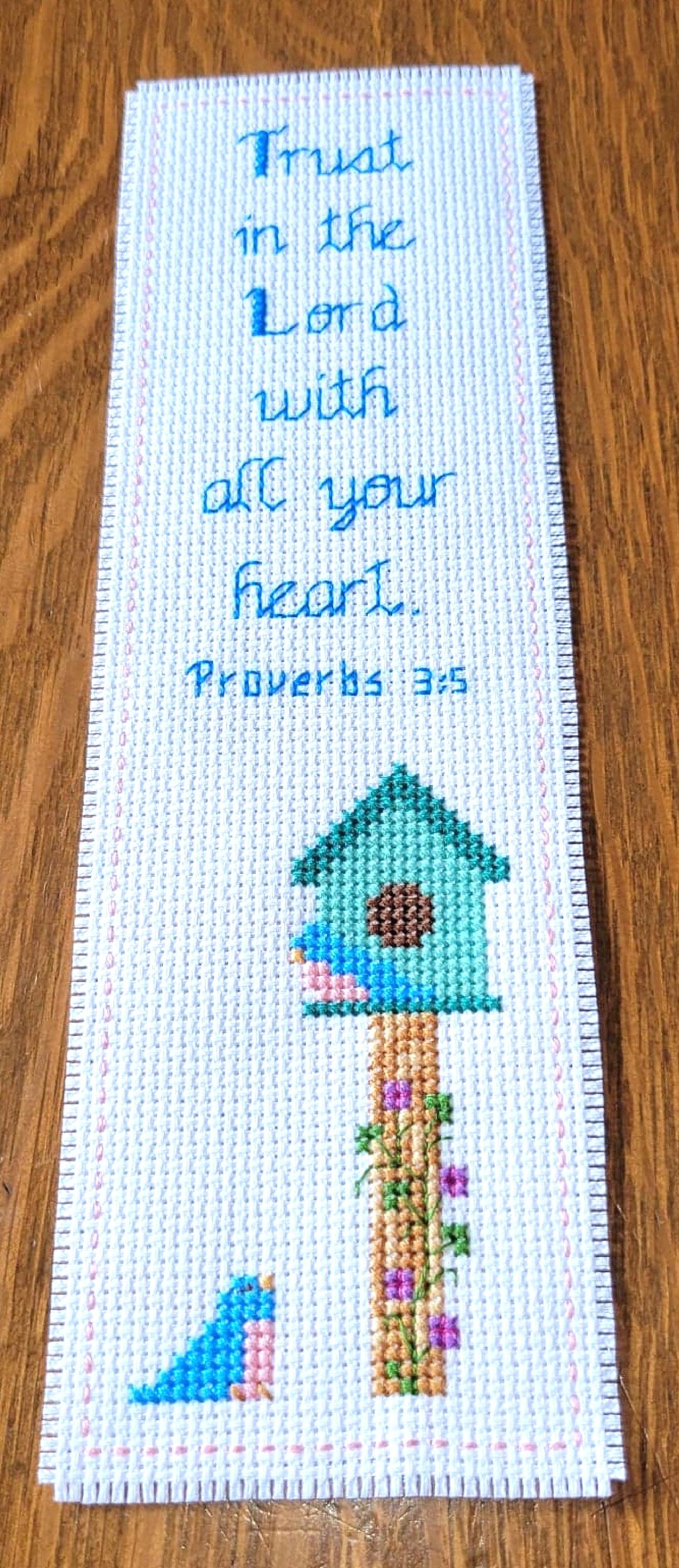Completed Cross Stitch Bookmark Bird House Handmade Gift Pink Multi ...