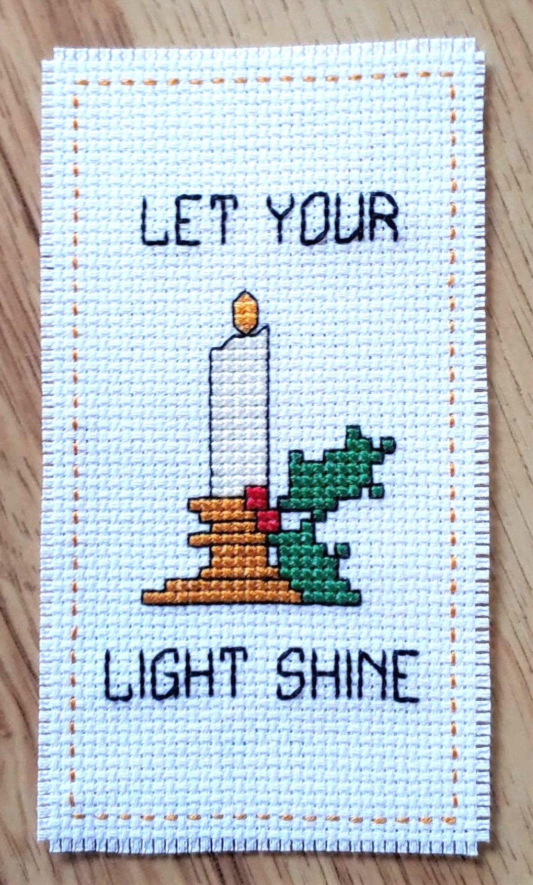Cross Stitch Bookmark Let Your Light Shine Candle Green Holly Leaves ...