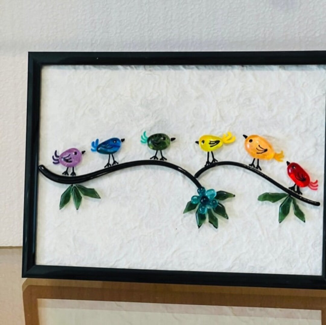 Fused Glass Rainbow Birds Framed Art, Whimsical Birds on Branches ...