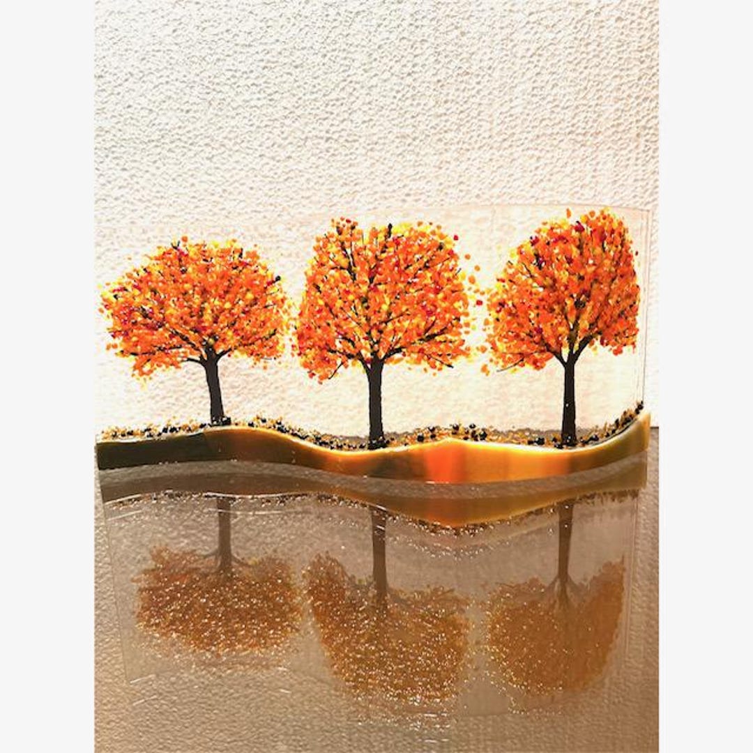 Autumn Trees Fused Glass Art: Curved Shelf Decor - Etsy