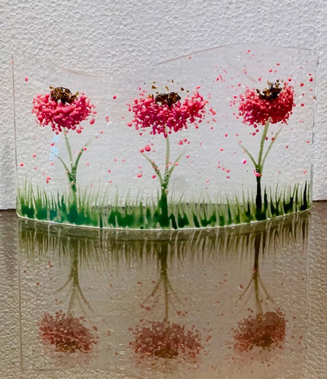 Pink Daisies Curved Fused Glass Window Sill Art, Curved Flower Art ...