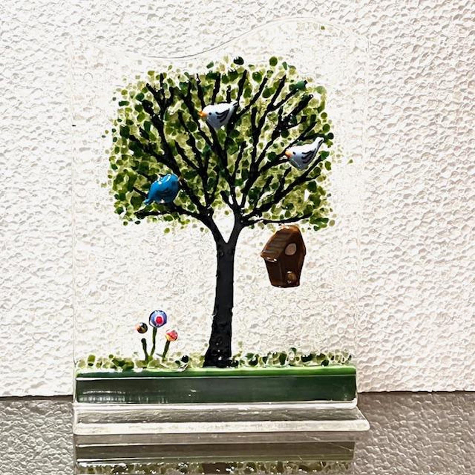 Fused Glass Tree Art With Birds and Birdhouse: Suncatcher, Windowsill ...