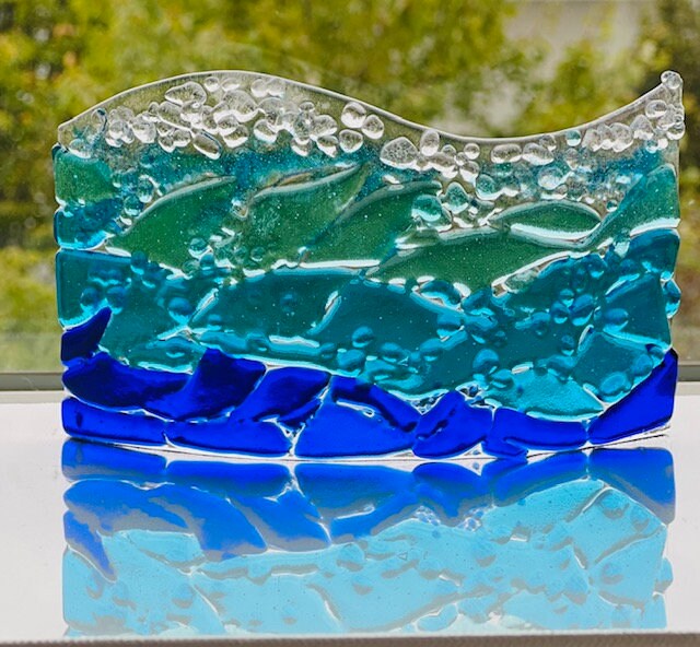 Ocean Curve Fused Glass Window Sill Art, Curved Ocean Glass Art, Ocean ...