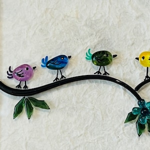 Fused Glass Rainbow Birds Framed Art, Whimsical Birds on Branches ...