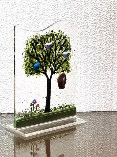 Fused Glass Tree Art with Birds and Birdhouse: Suncatcher, Windowsill Decor