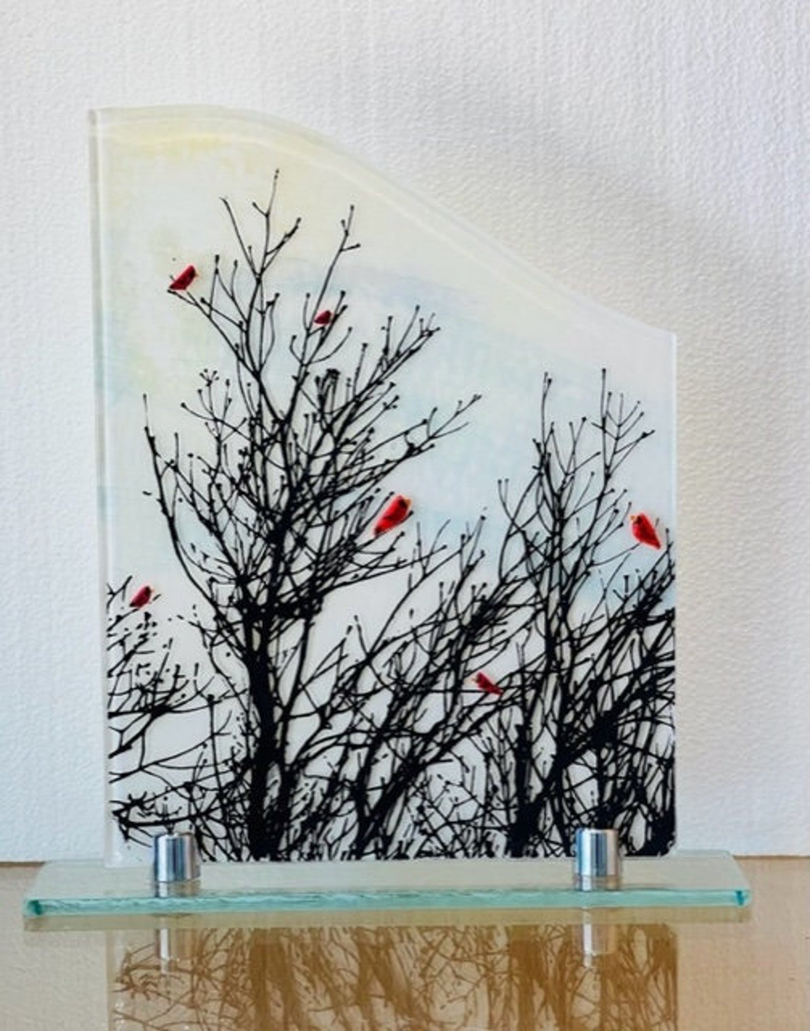 Fused Glass Trees With Cardinals Glass Sculpture Cardinal - Etsy