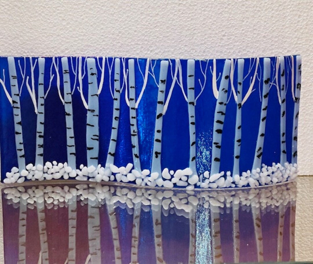 Fused Glass Curved Winter Aspens, Birch Forest in Winter, Glass Shelf ...