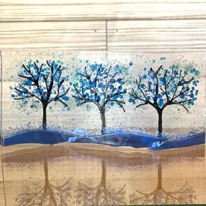 Blue Trees in the Mist Curved Glass Shelf Art, Home Decor, Window Sill ...