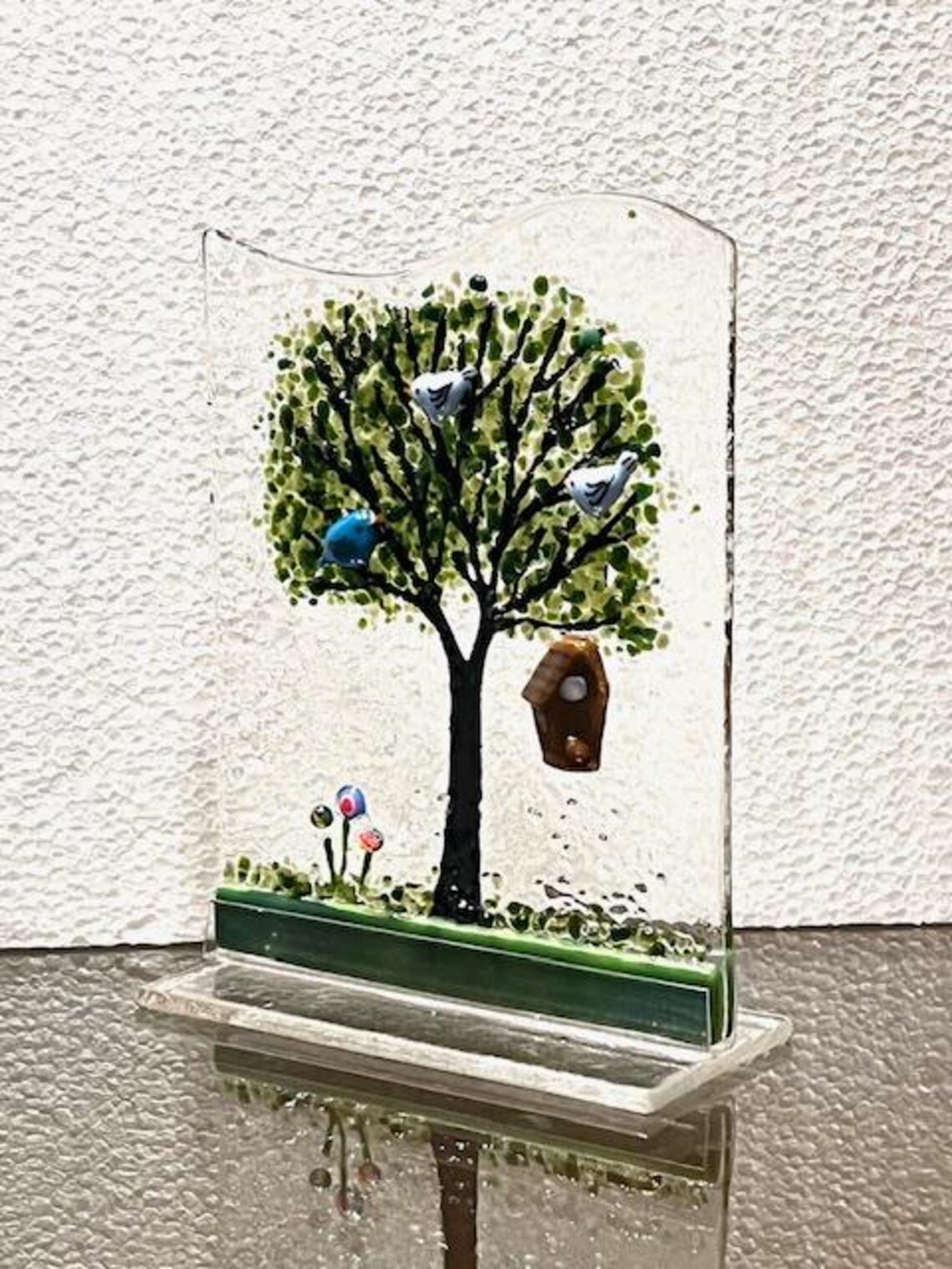 Fused Glass Tree Art With Birds and Birdhouse: Suncatcher, Windowsill ...