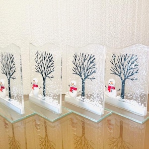 Fused Glass Winter Tree With Snowman: Holiday Decor, Windowsill Art - Etsy