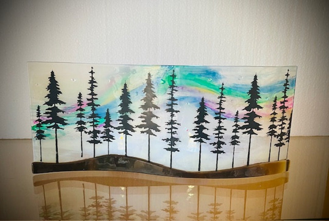 Fused Glass Aurora Borealis Northern Lights in the Forest Curved Glass ...