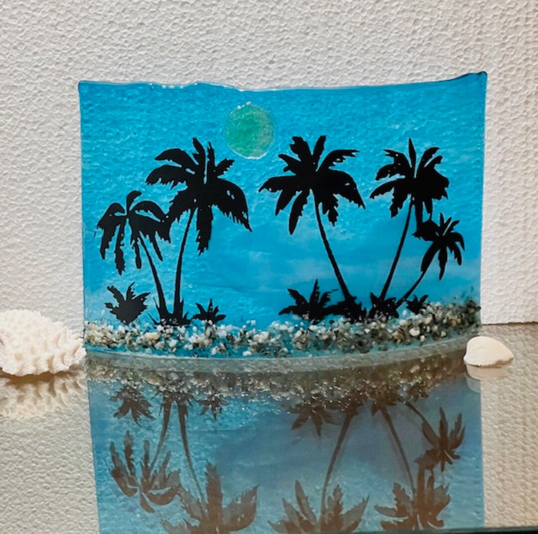 Tropical Paradise Curved Fused Glass Window Sill Art, Curved Beach Art ...