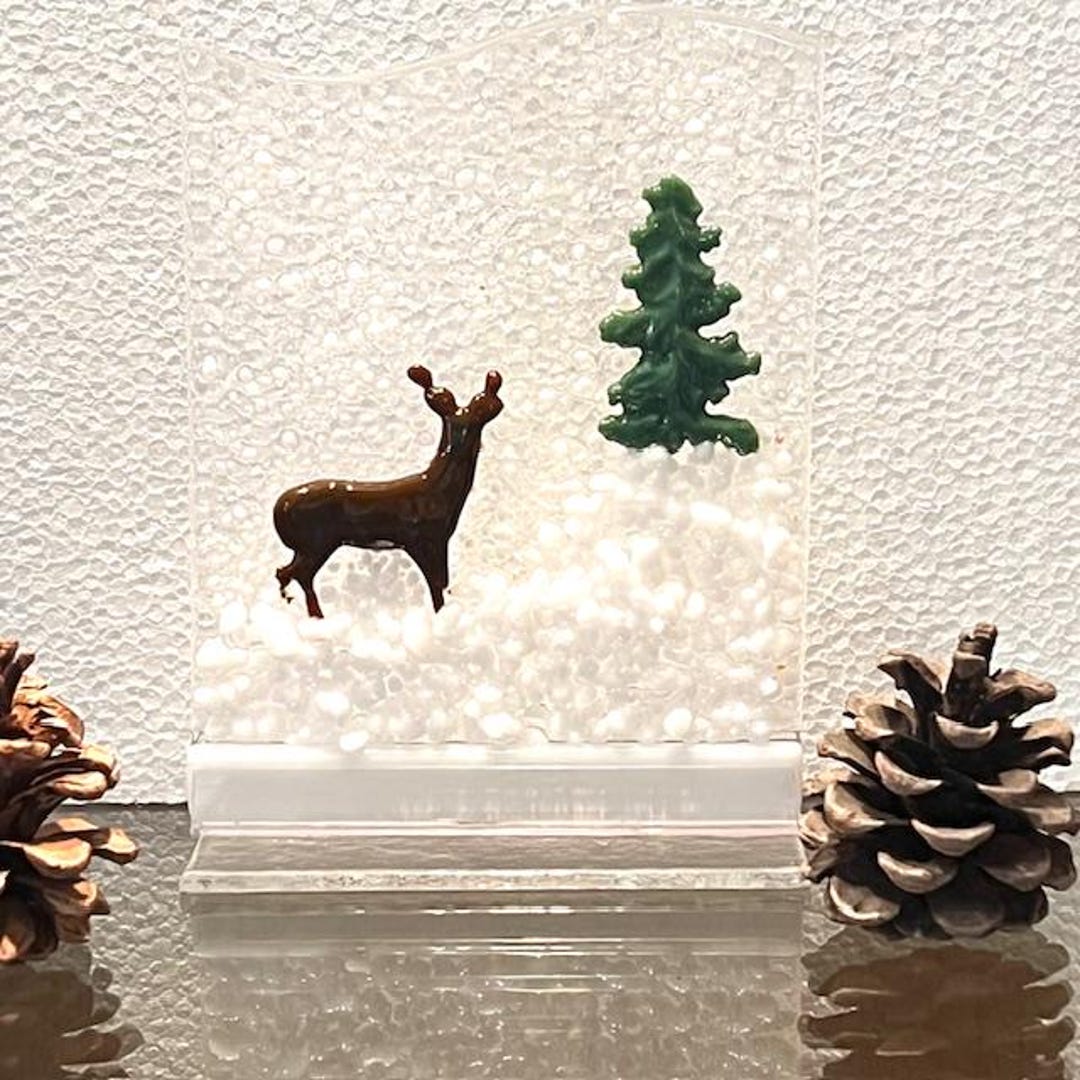 Fused Glass Winter Scene With Deer: Winter Decor, Windowsill Art - Etsy