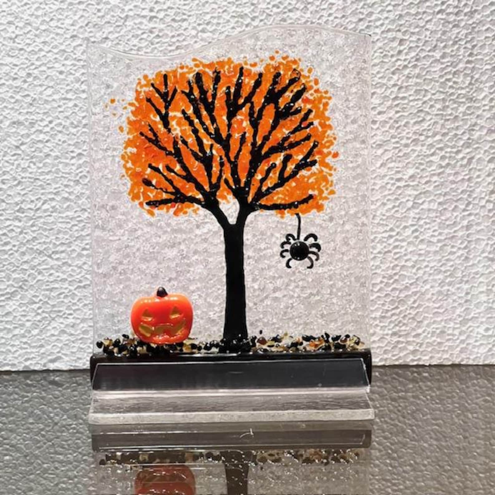 Fused Glass Halloween Tree Art: Pumpkin & Spider Suncatcher - Etsy