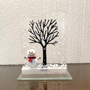 Fused Glass Winter Tree With Snowman: Holiday Decor, Windowsill Art - Etsy