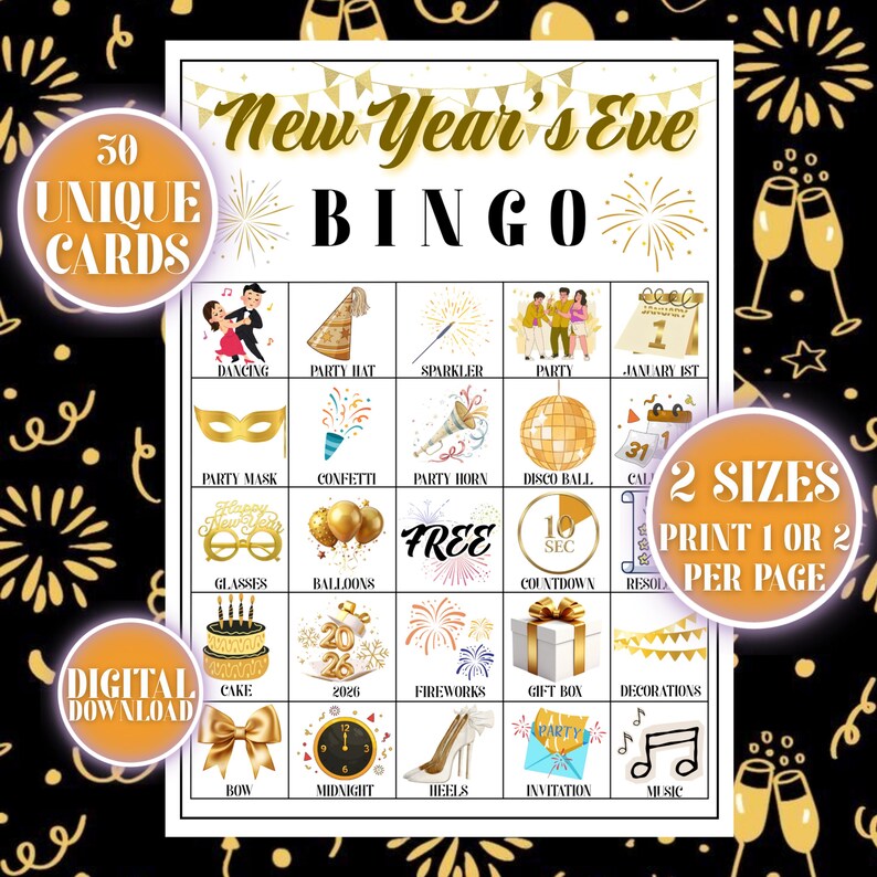New Year's Eve Bingo Game | 30 Unique Cards (PDF Download) - Etsy
