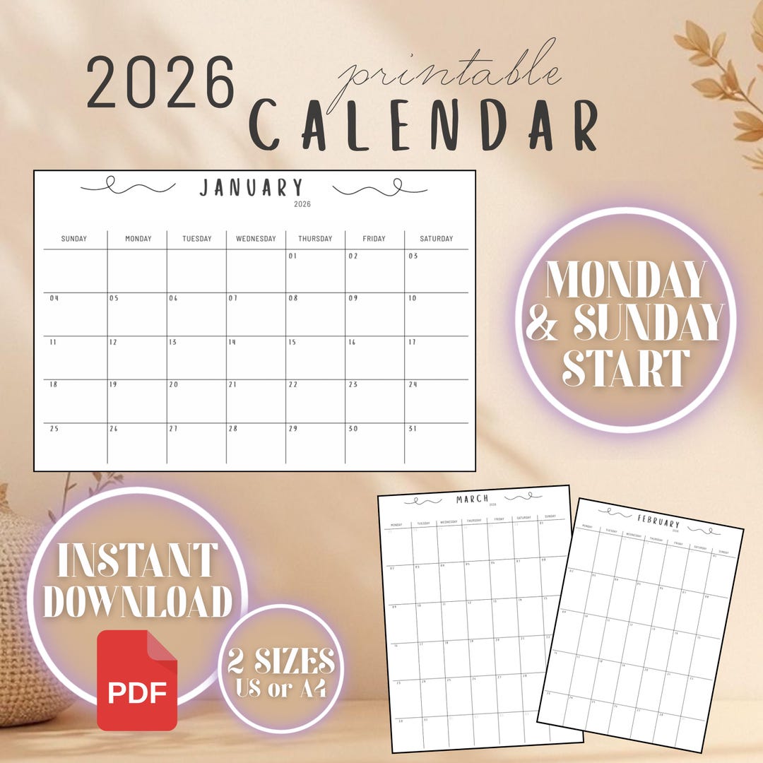 2026 Printable Monthly Calendar | A4 - US Letter | Monday - Sunday ...