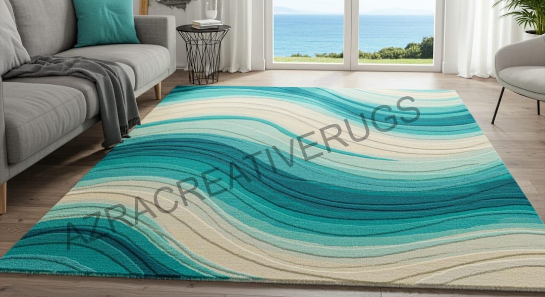 Ocean Wave Rug | Abstract Blue Teal Carpet | Modern Coastal Home Decor ...