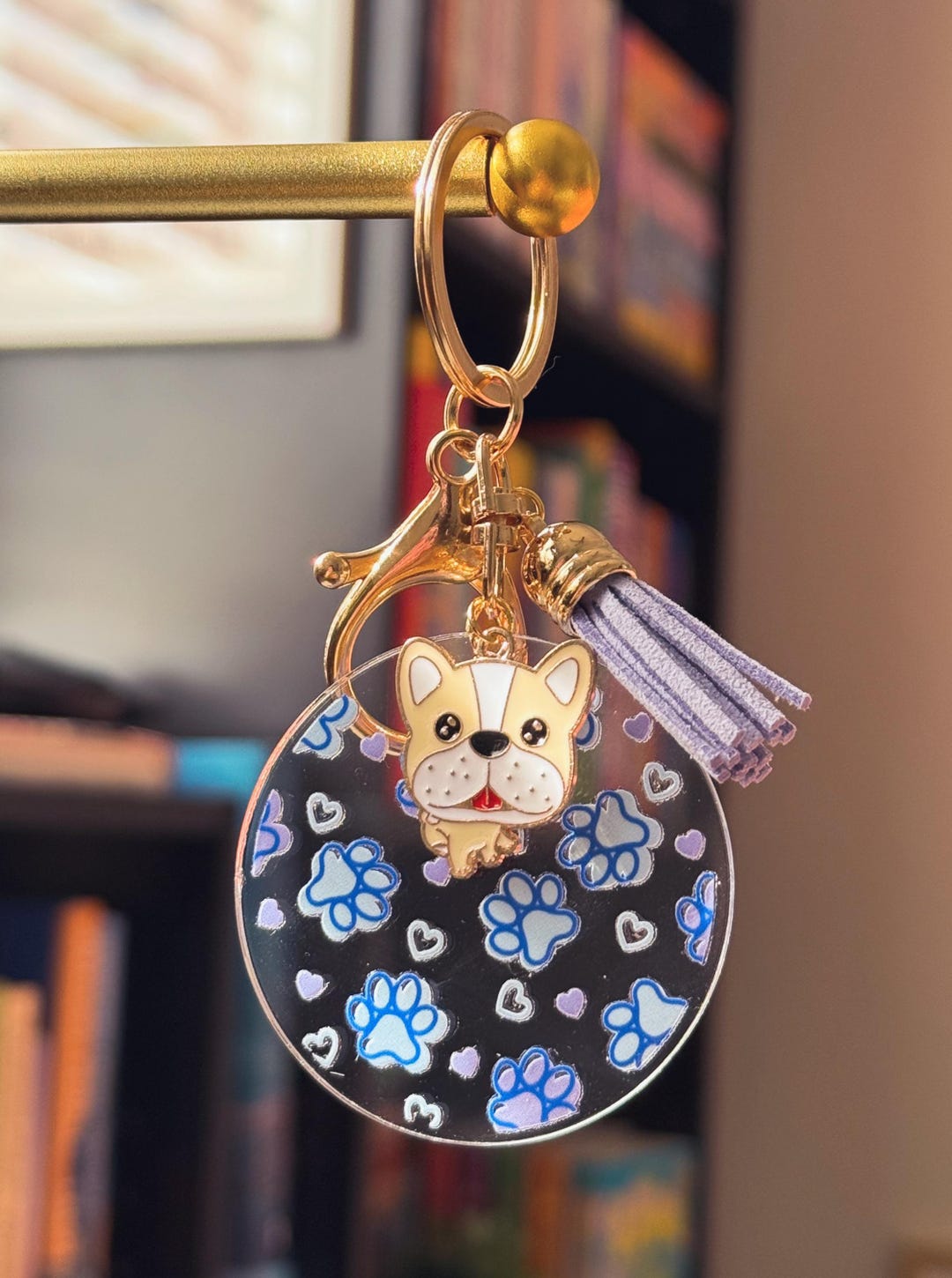 Frenchie & Blue Paws Acrylic Keychain With Gold-tone Keyring, Tassel ...