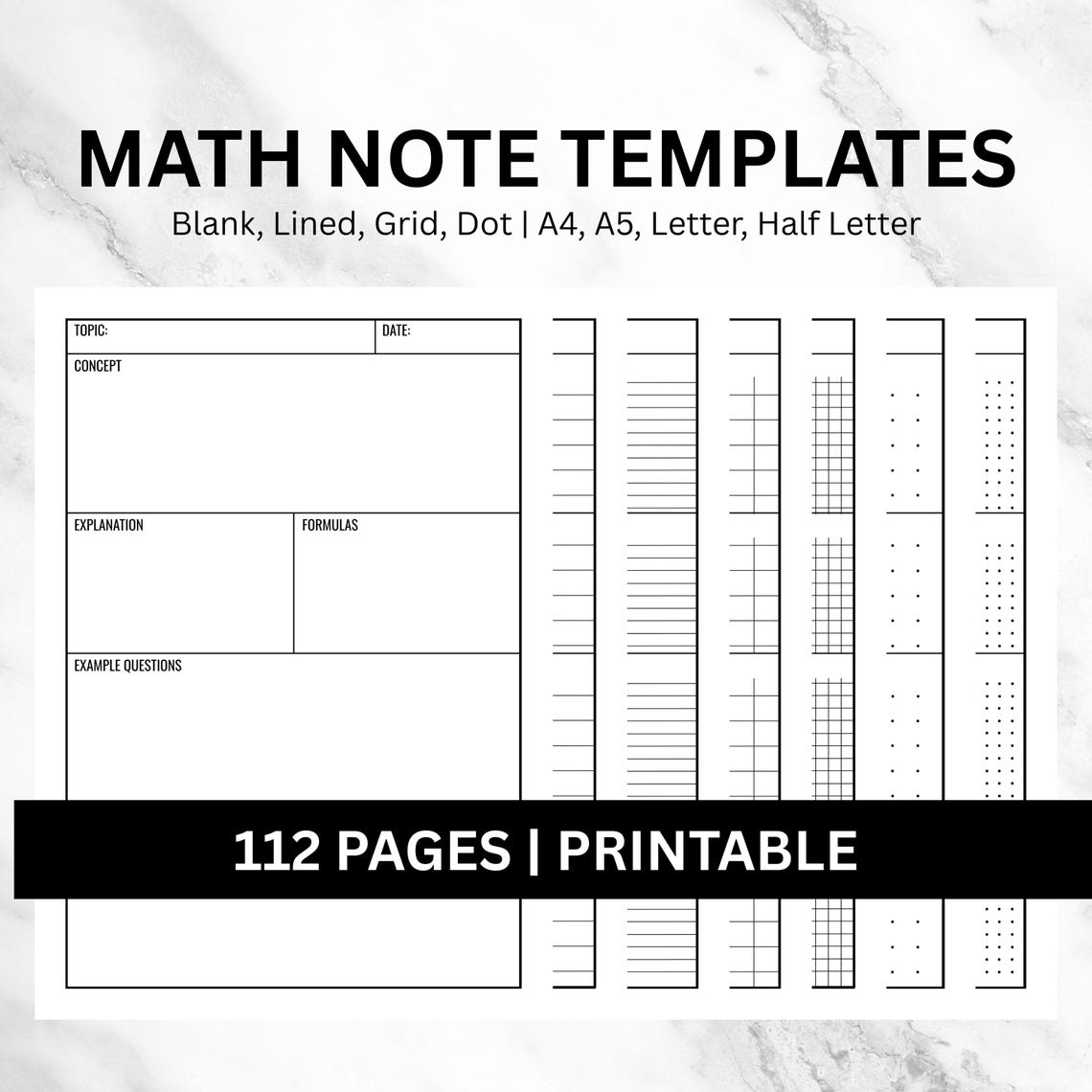 Math Notes Template Set Student Pages Bundle Note Taking Graph Dot Grid ...