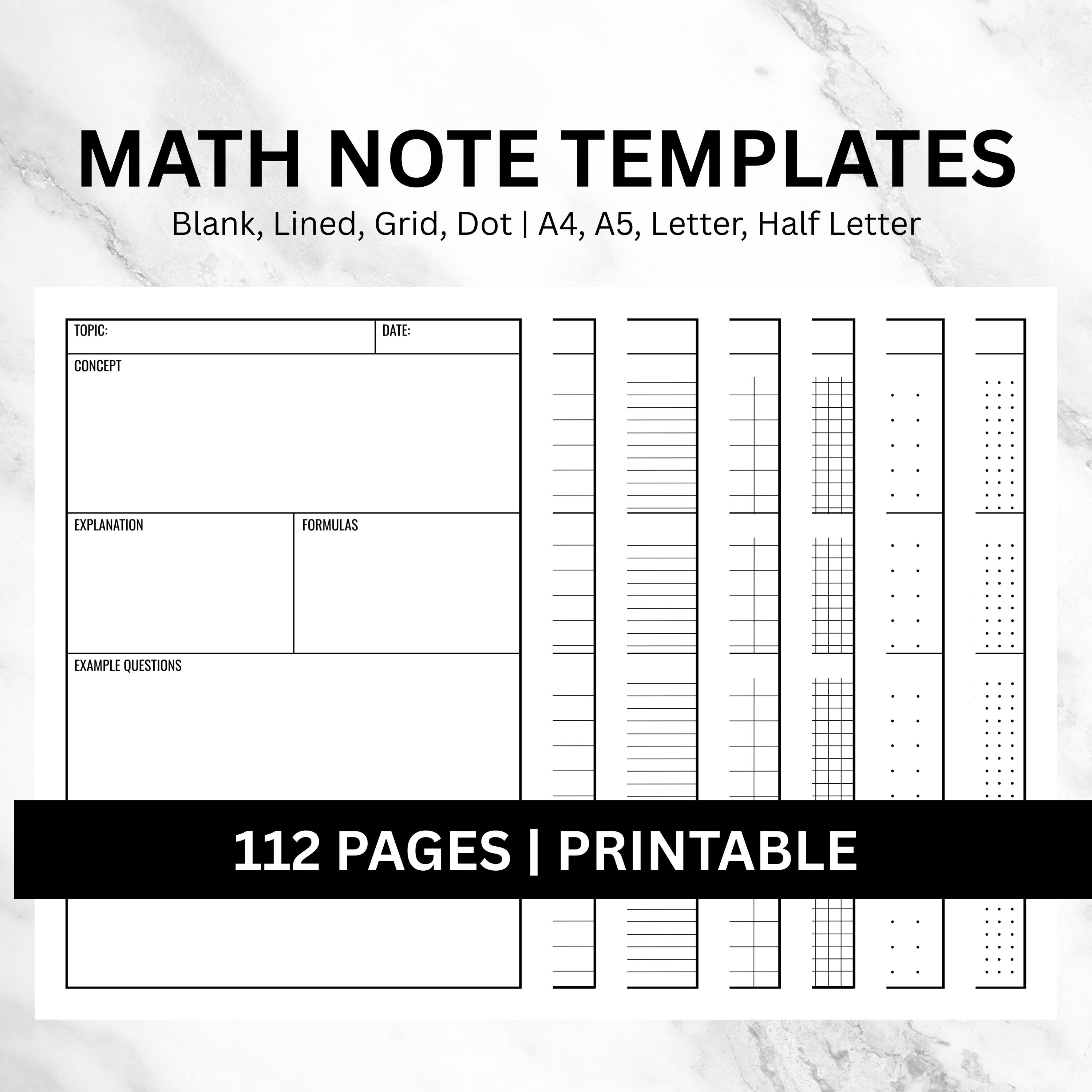 Math Notes Template Set Student Pages Bundle Note Taking Graph Dot Grid ...